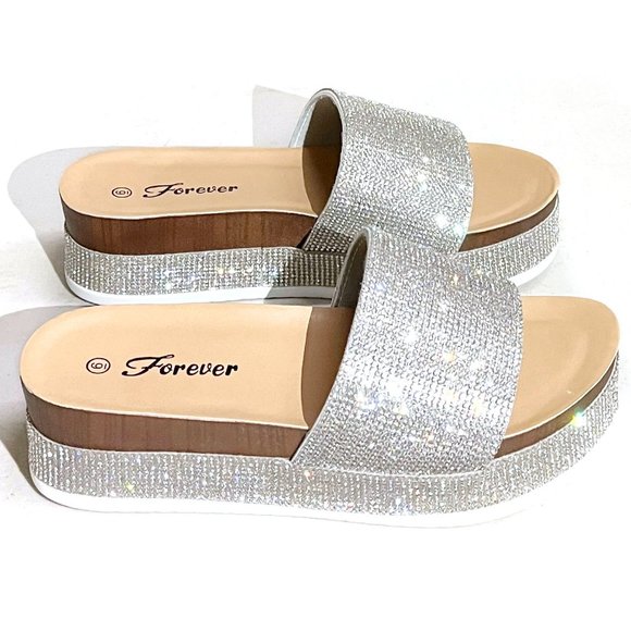 Shoes | New Silver Rhinestone Slip On Platform Wedge Sandals | Poshmark